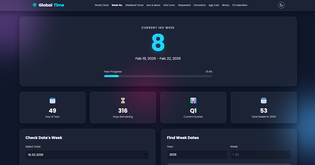 Current Week Number Calculator (ISO 8601) | Date Tools